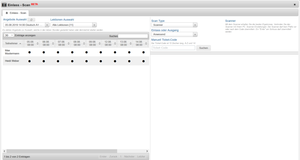 Mit dem Einlass-Scan die Anwesenheit überprüfen
